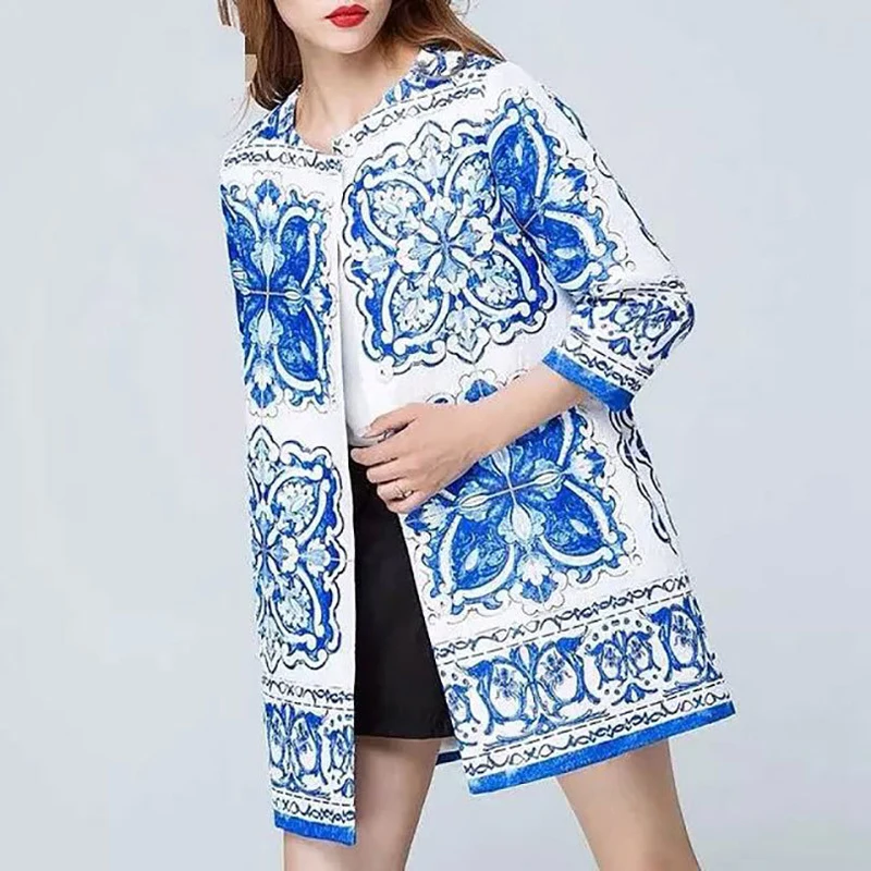 2016 Autumn Winter Blue And White Porcelain Floral Jacquard Long Jacket ...
