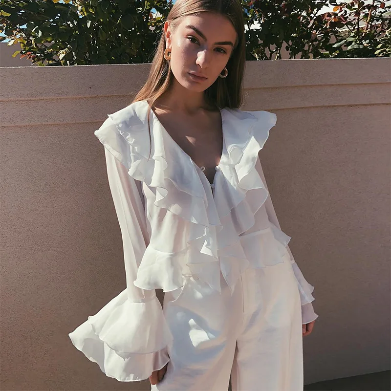 Elegant Flounce Ruffle Blouse Women V Neck Flare Long Sleeve White ...