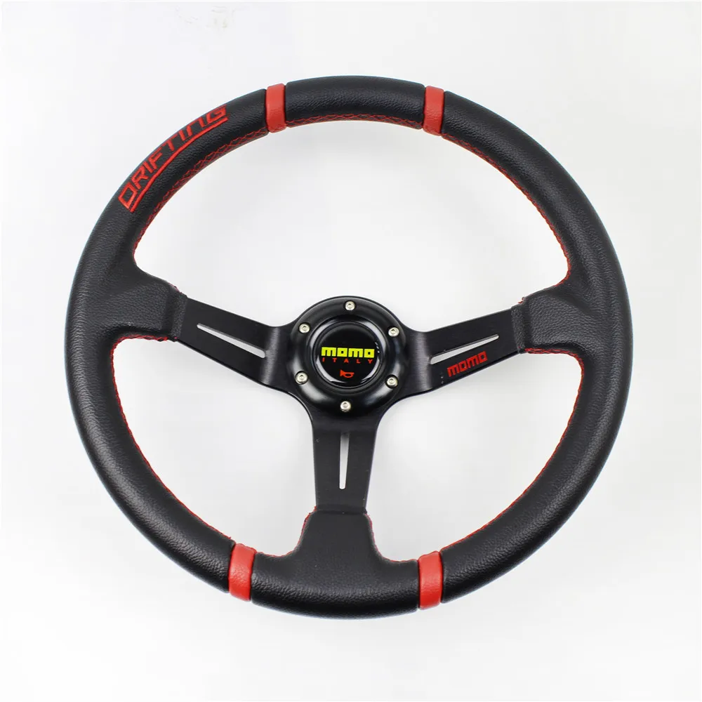 14 Inch/350mm Momo Steering Wheel Aluminum Deep Dish Genuine Leather Red Stitching Racing ...