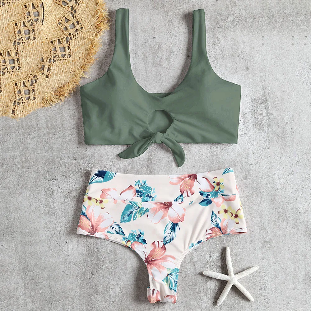 ZAFUL Sexy Swimsuit High Rise Knotted Floral Scrunch Bikini Set ...
