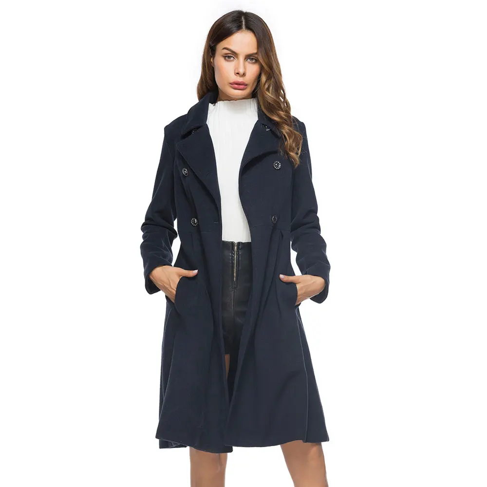 Female Double breasted Overcoat Long Sleeve Turn down Collar Slim Fit ...