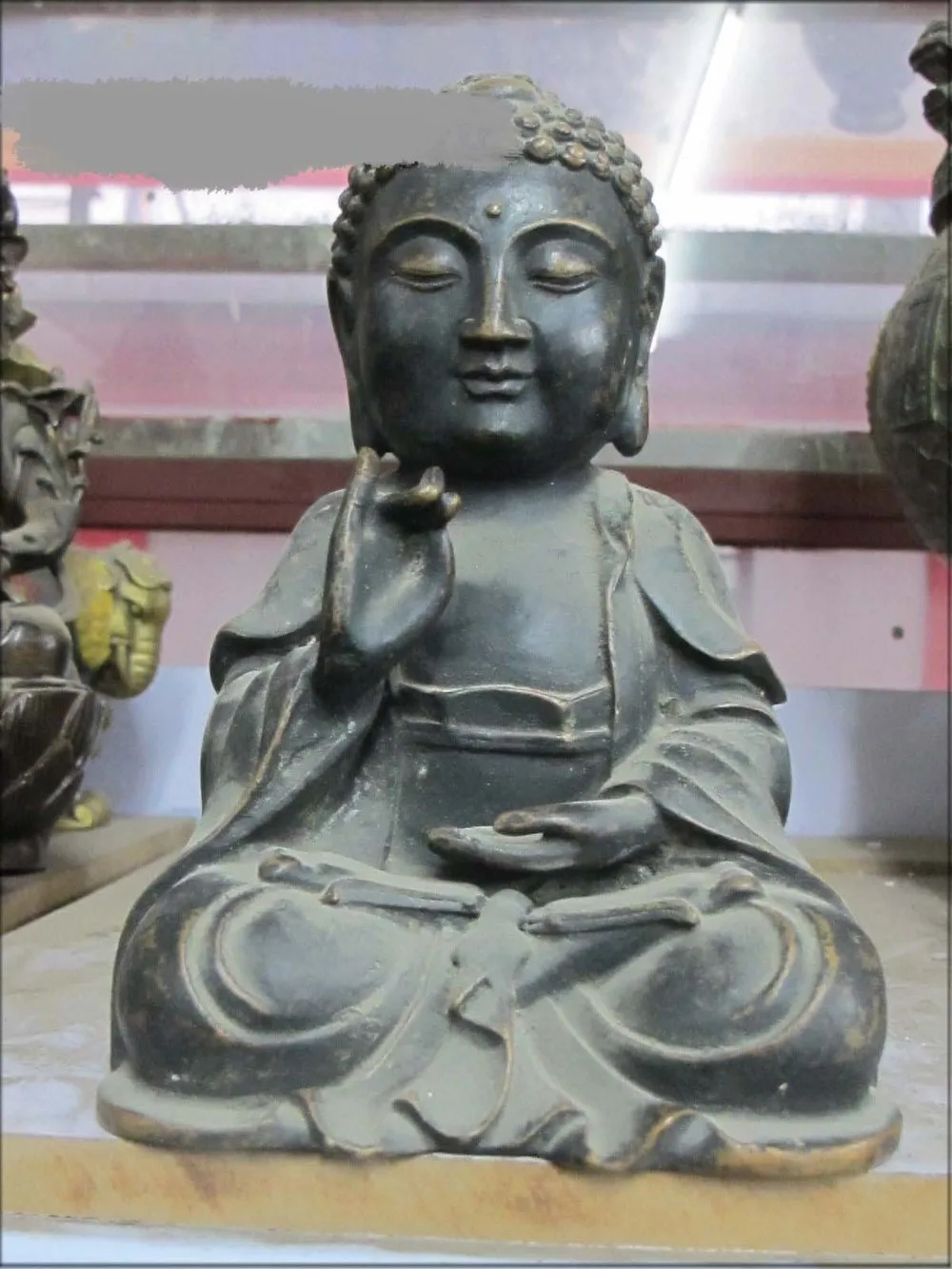 9"Tibet temple Vintage Old Copper Bronze Raise right arm Amitbha Buddha ...