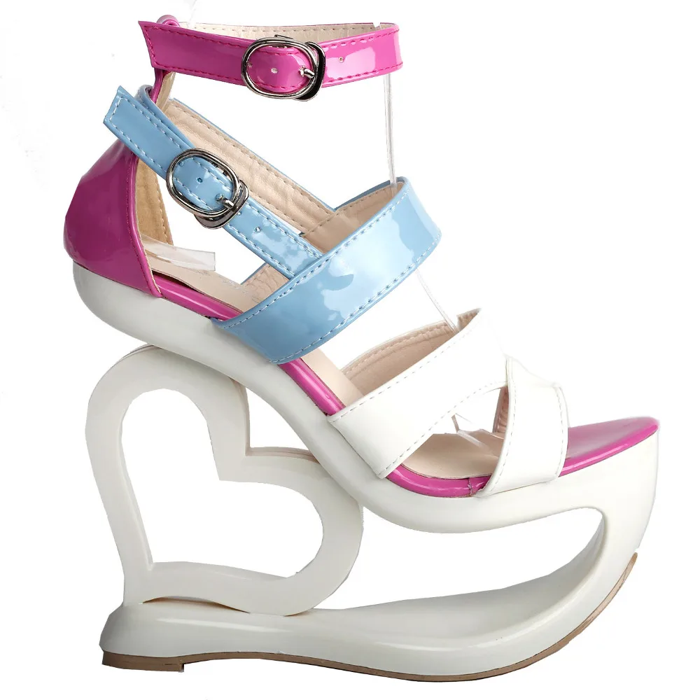 LF40203 Sexy White Pink Blue Strappy Heart Heel Wedge Wedding Sandals ...