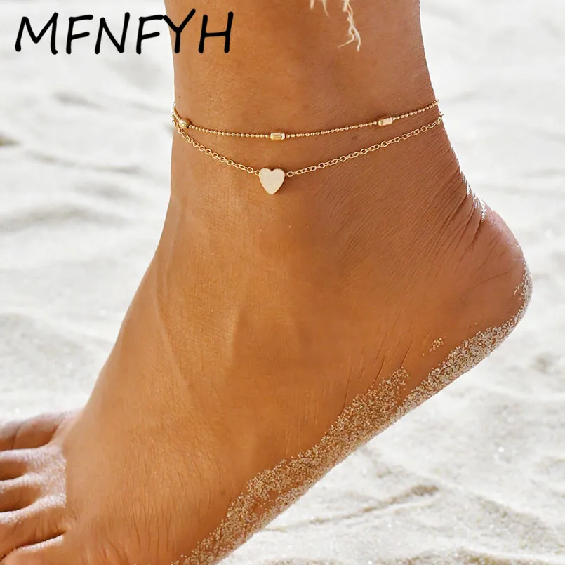 Mfnfyh Fashion Heart Anklet For Woman Boho Summer Beach Gold Color