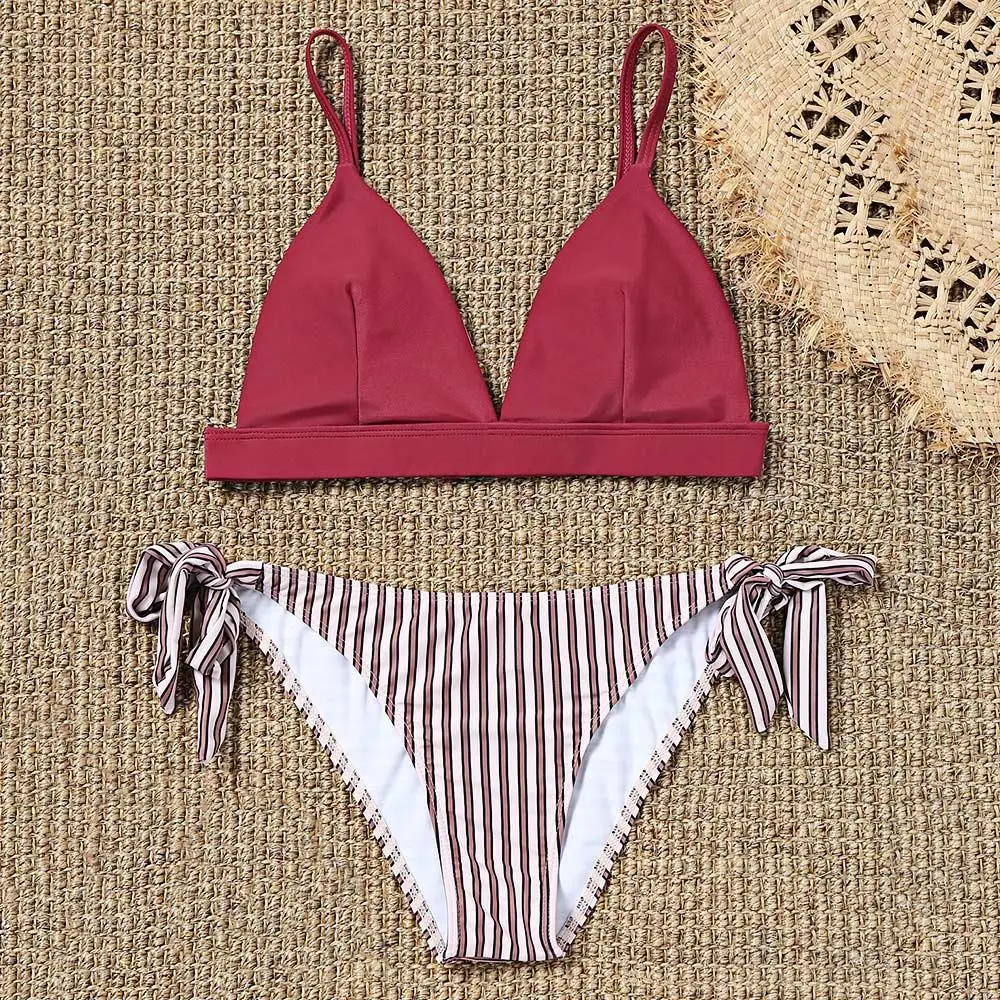 Women Spaghetti Straps Bikinis Set Low Waisted Padded Bra And Striped