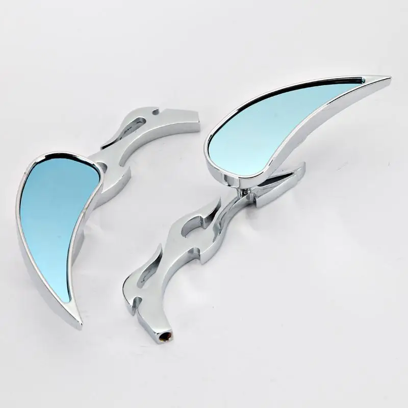 2x Chrome Motorcycle Rearview Mirrors Blade Teardrop Mirror Flame Stem