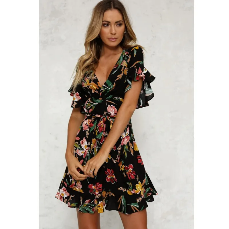 Zmvkgsoa 2018 Summer Lady Sexy V Neck Flower Print Dresses Black Hem