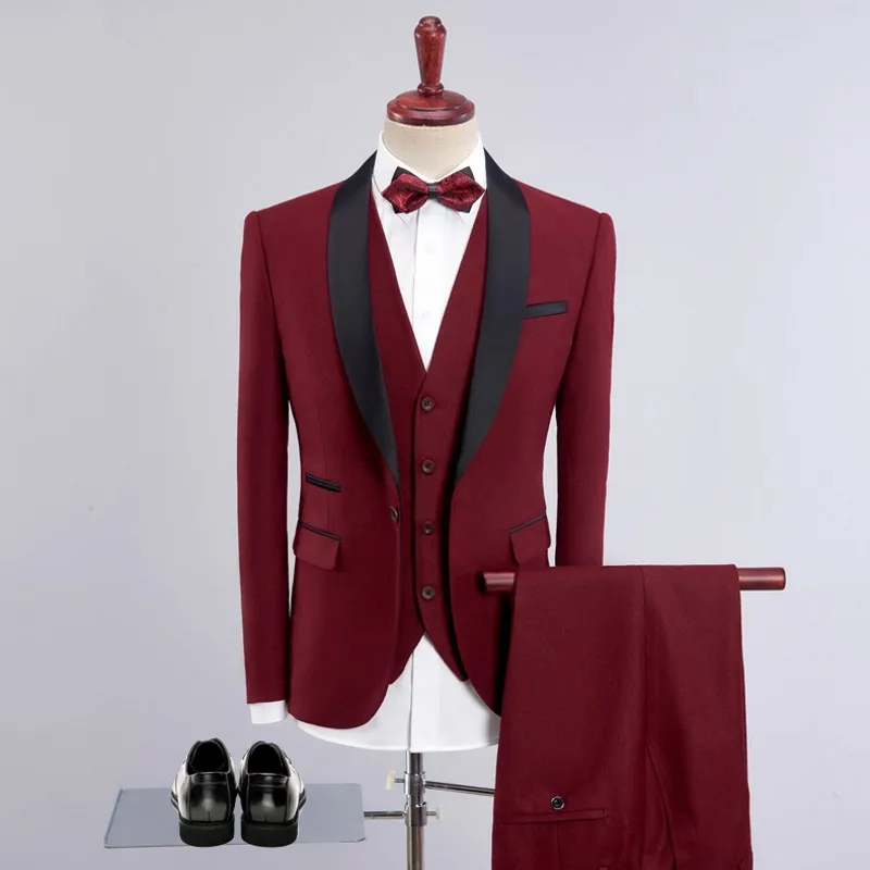 3PC Wine Red Wedding Suits For Men Brand New Slim Fit Casual Business ...
