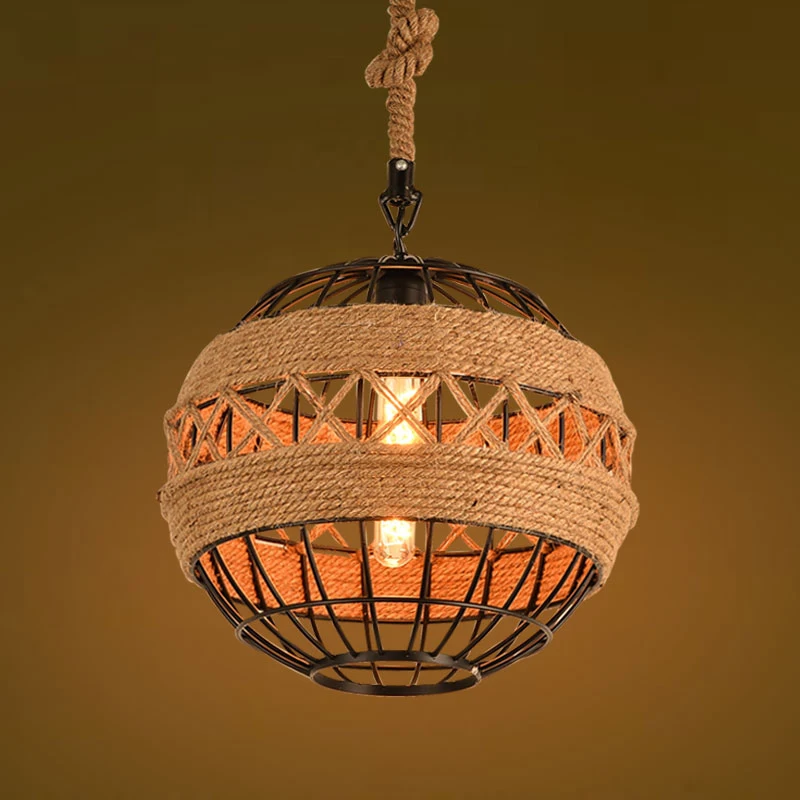 Edison Industrial Hemp Rope Iron Round Ball Pendant Lamp Light Vintage ...