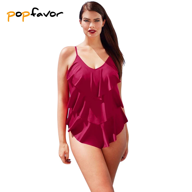 Popfavor One Pieces Swimsuit Plus Size Fat Bikini Solid Lotus Leaf Edge