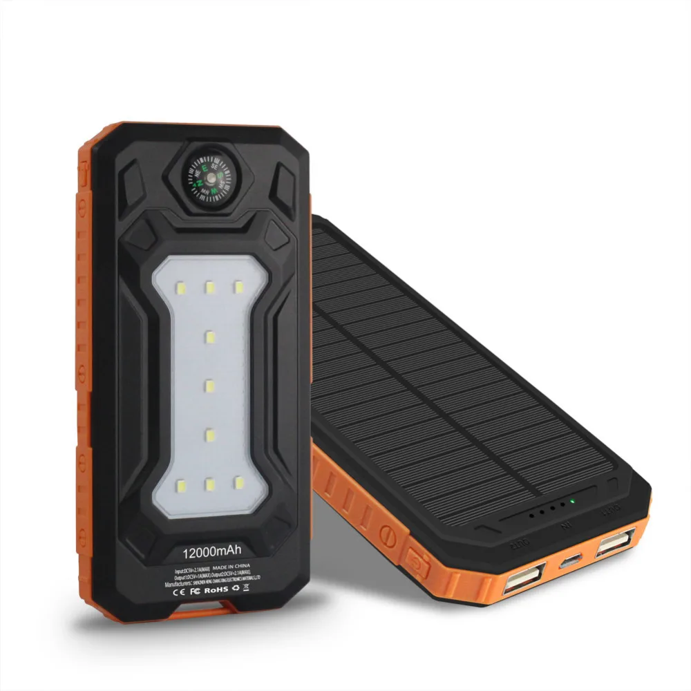 Waterproof Solar Power Bank Real 12000mAh Dual USB Outdoor Sports ...