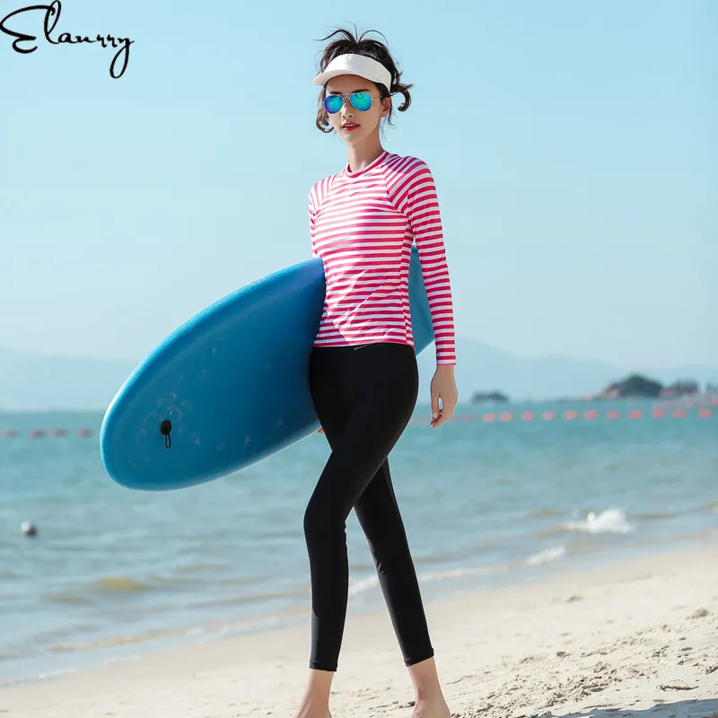 2019 Women Rash Guards Swimwear Swim Long Sleeve Swimsuit Striped