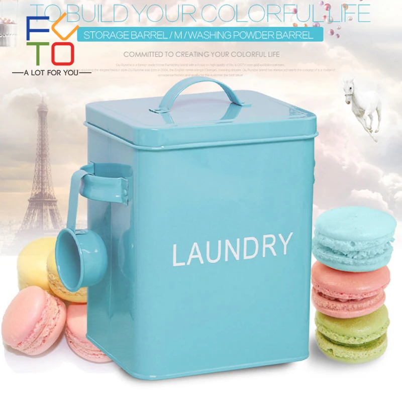 5L Laundry Powder Storage Box with Lid Scoop Metal Iron Washing Powder ...