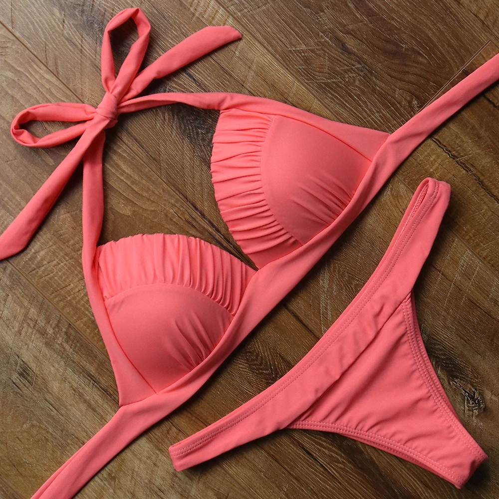 Halter Bandage Swimwear Women Push Up Bikini Set Solid Swimsuits 2018