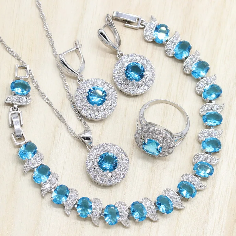 Sky-Blue-Stones-Silver-Color-Jewelry-Sets-Women-Round-Necklace-Pendant ...