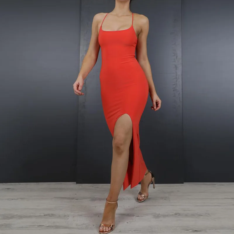 Fashion Women Backless High Split Dress Spaghetti Strap Solid Maxi ...
