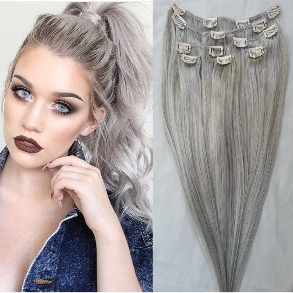 Gray Clip In Human Hair Extensions 120g Set Peruvian Human Hair Clip