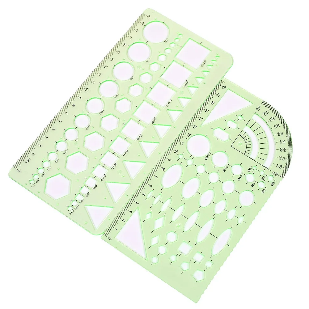 Set-of-2-Clear-Green-Color-Plastic-Measuring-Templates-Geometric-Rulers ...