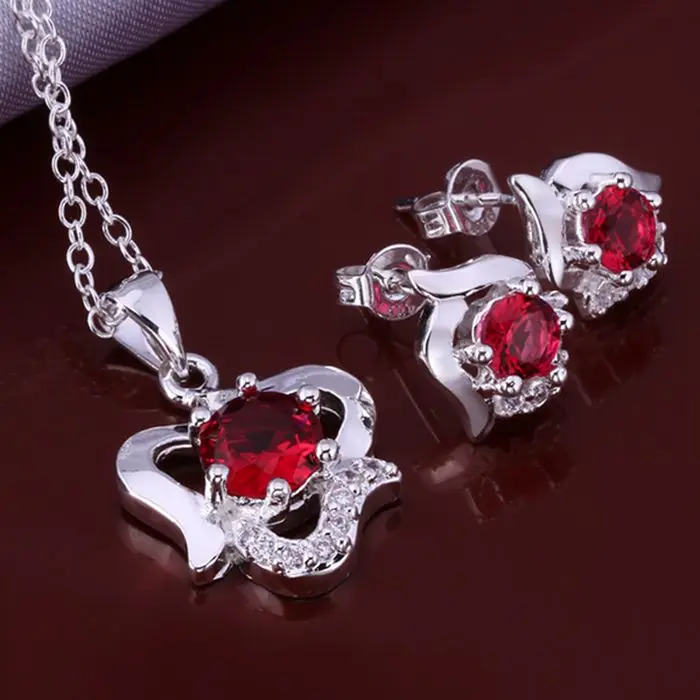Sets sterling silver jewelry Jewelry Sets Silver Red Zircon Sets Women ...