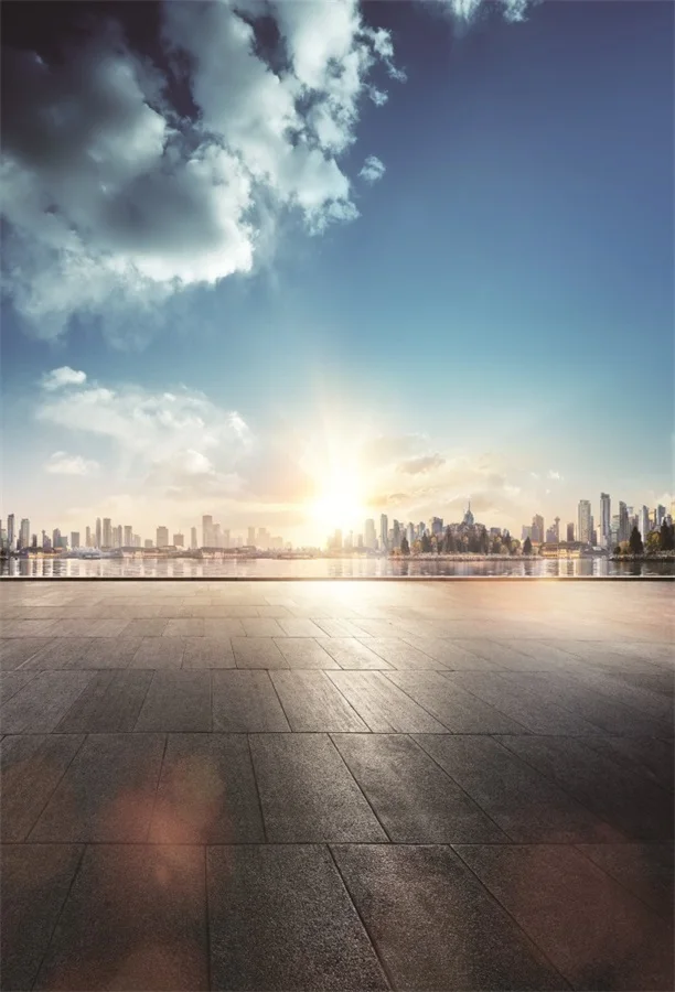 Laeacco Cloudy Sky Sunrise City River Square Floor View Photography ...