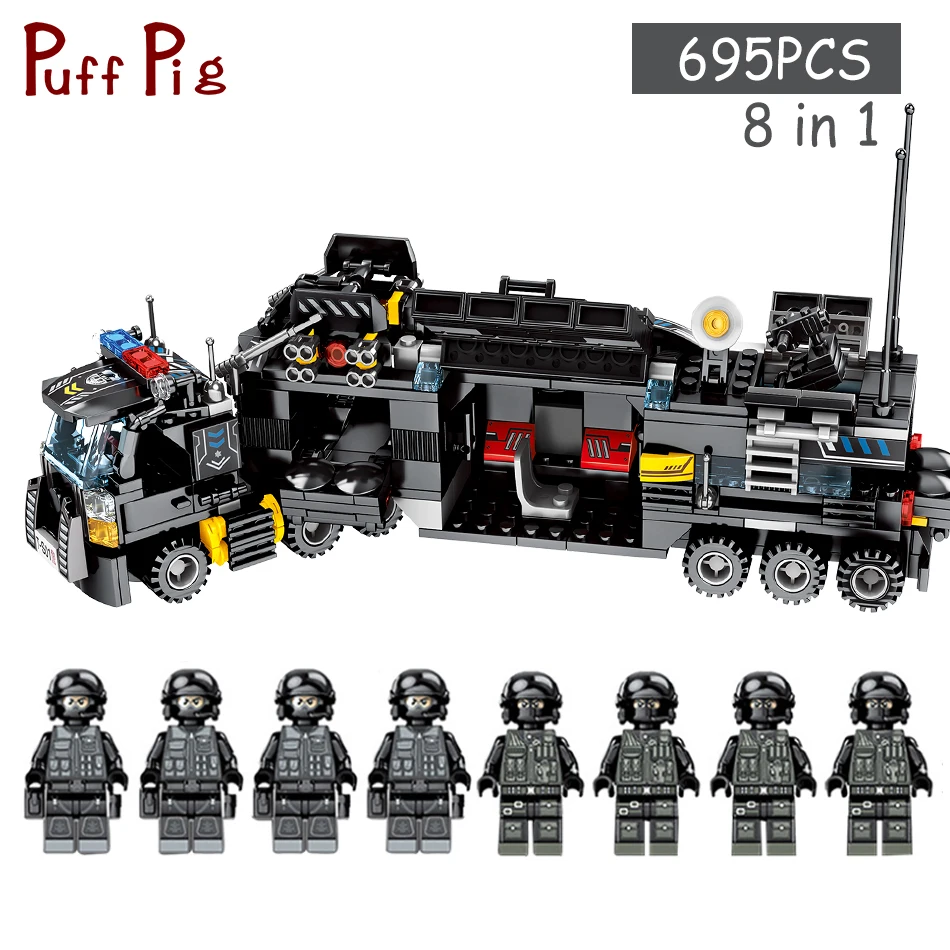 695pcs 8in1 Military Swat Team Police Mobile Command Center Trucks ...