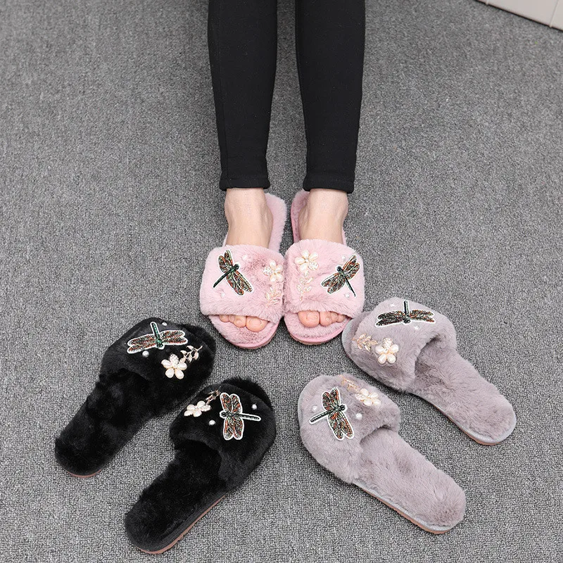 Winter Women Slippers Appliques Home Faux Fur Shoes Woman Anti slip ...