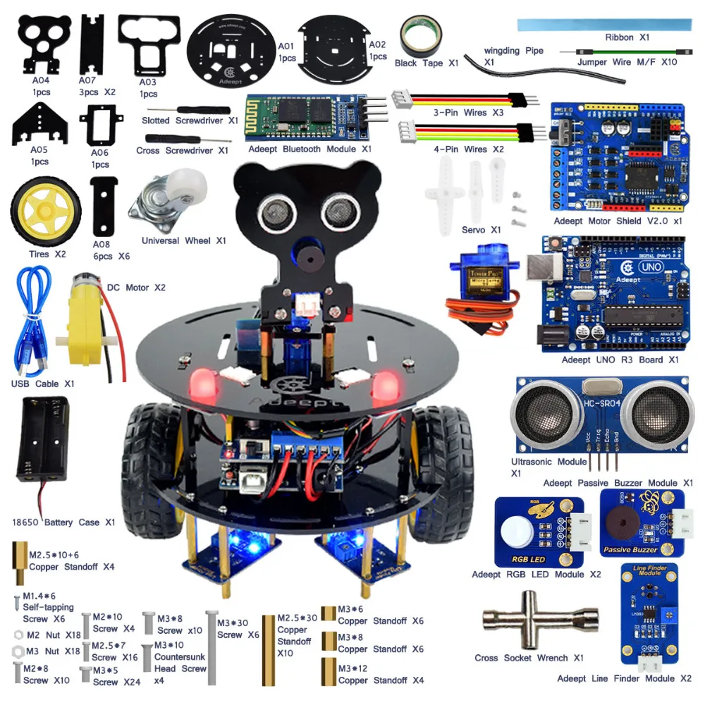 Adeept 3wd Bluetooth Smart Robot Car Kit For Arduino Uno R3 With Line Tracking Android App