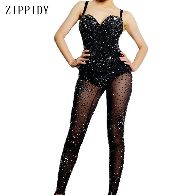 Flashing Full Black Rhinestones Mesh See Through Jumpsuit Nightclub