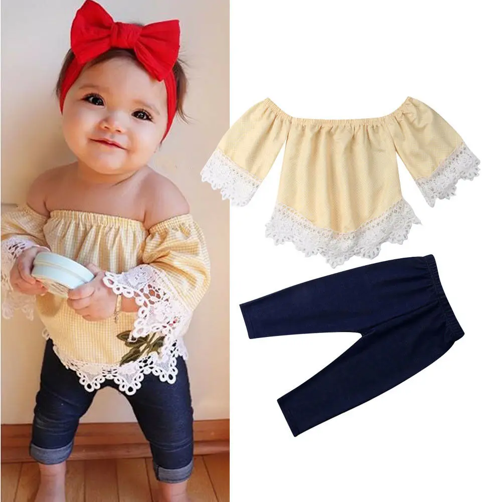 Conjunto De Ropa De Moda Para Niños Y Niñas Tops Con Hombros Descubiertos Falda Pantalones