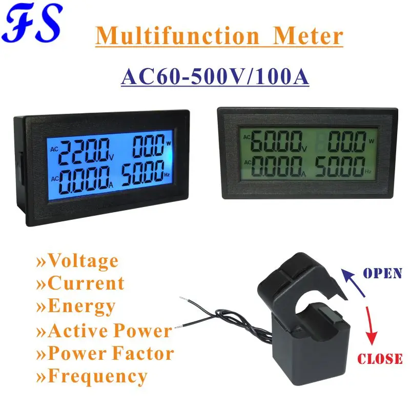 LCD-AC-Voltage-Current-Meter-AC-60-500V-AC100A-with-CT-Power-Meter ...