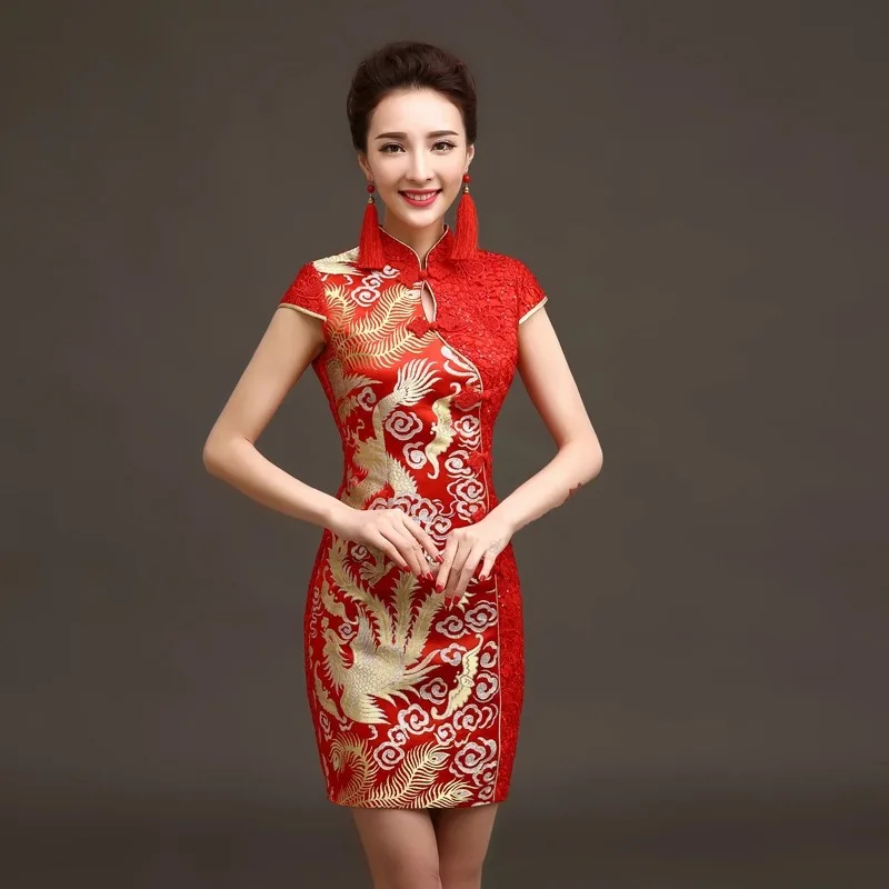 Red phoenix spitze pailletten satin stickerei kurze cheongsam qipao ...