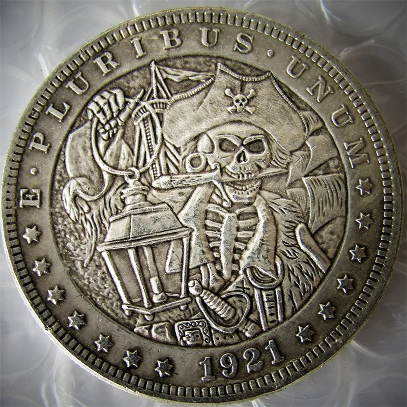 HB(16) US 1921 Morgan Dollar With Pirate Captains skull zombie skeleton ...