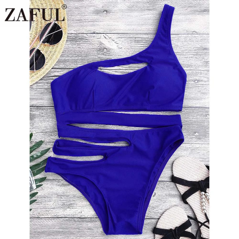 Zaful Bandage Asymmetric One Piece Monokini Swimsuit One Shoulder
