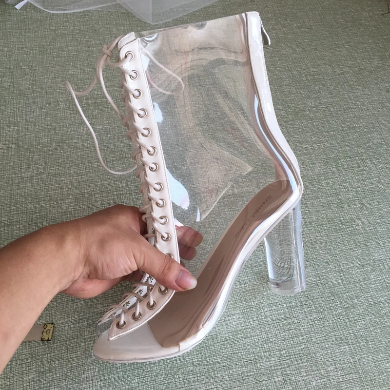 Transparent Women Boots Peep Toe Clear Round High Heels Lace-up Front ...