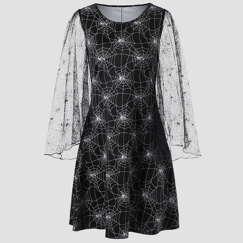 Women Dress 3D Spider Web Print Milk Silk Dress Women O neck Long ...