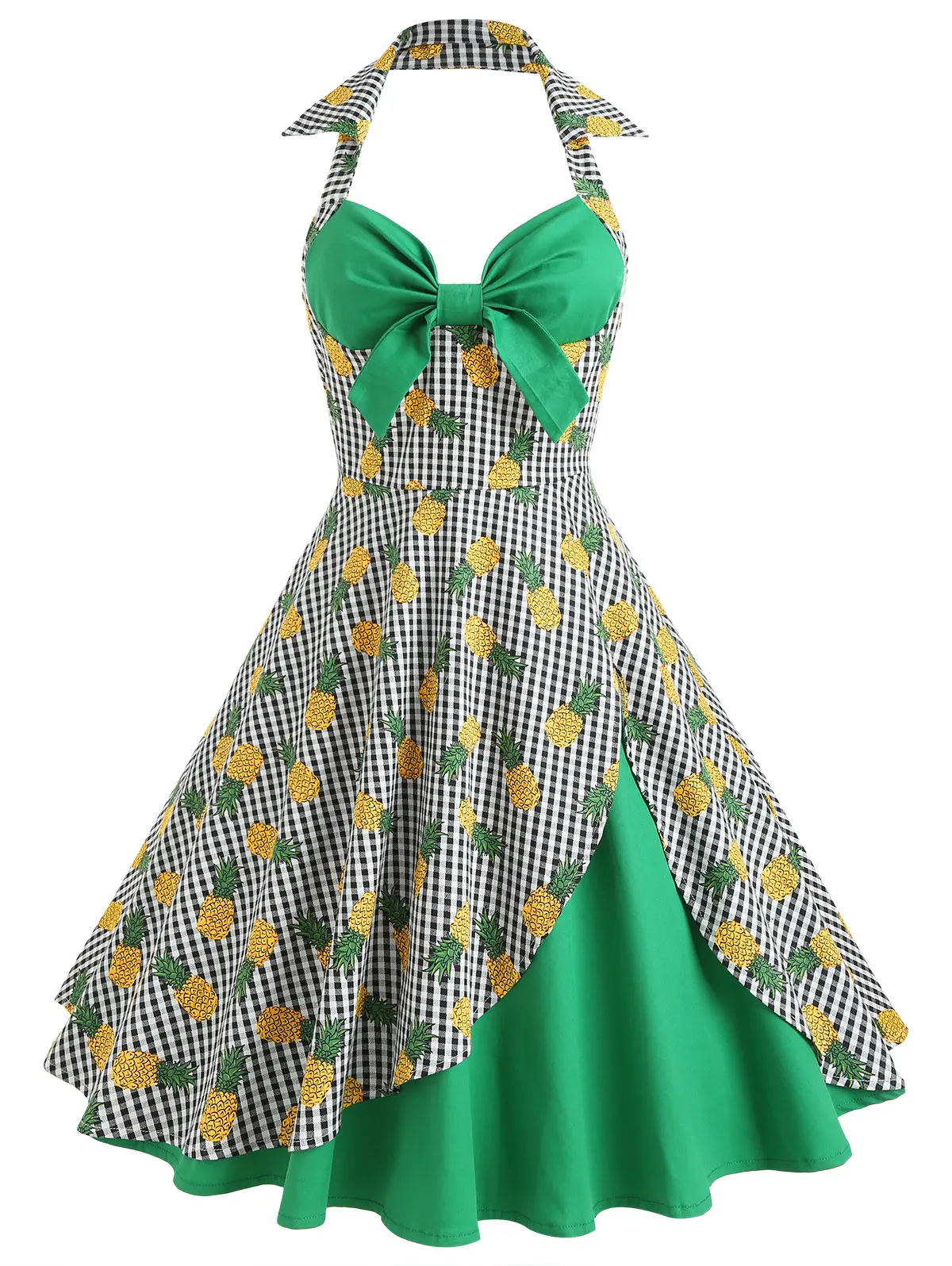 Wipalo Gingham And Pineapple Print Halter Neck Vintage Dress Women