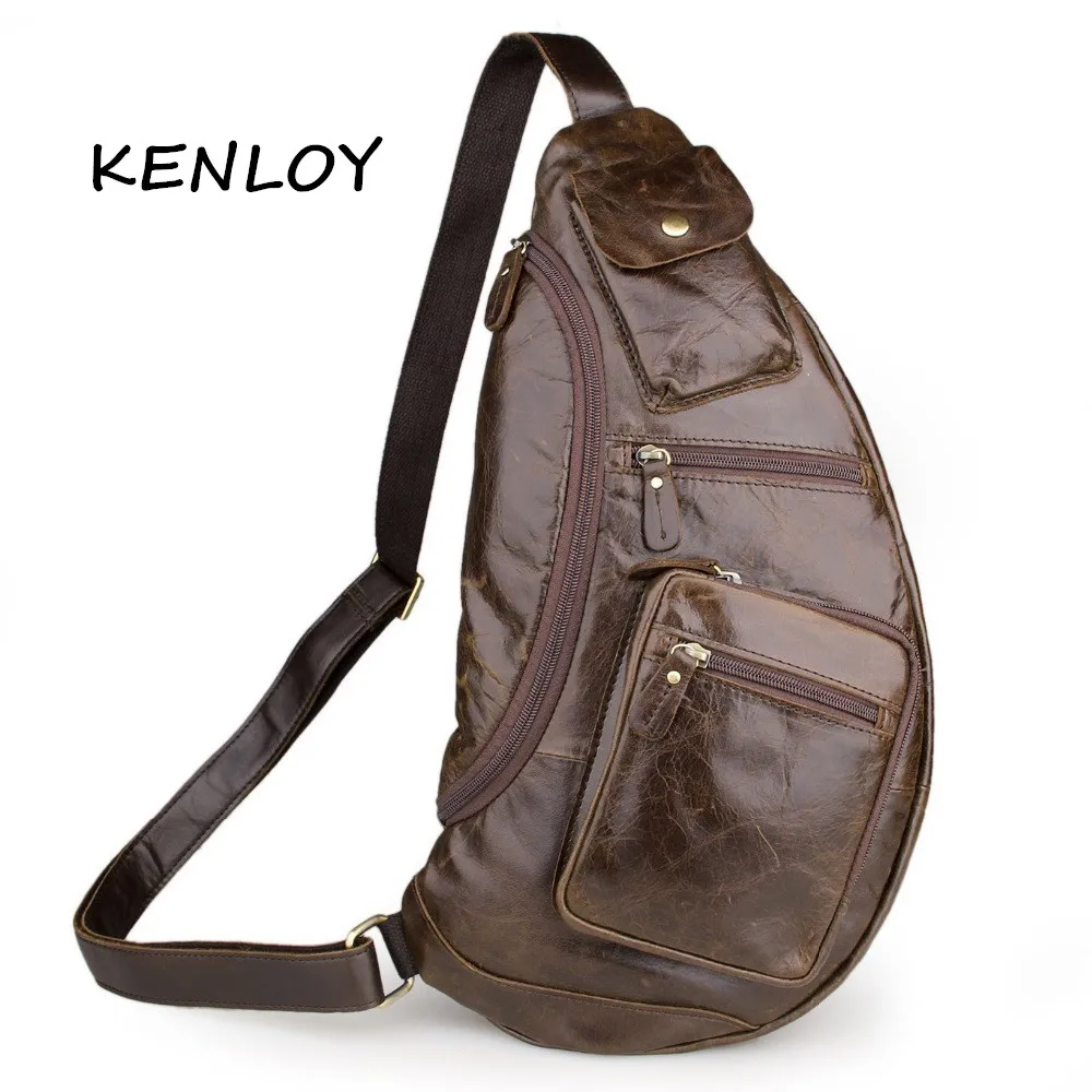 Mens Cowhide Chest Bags Vintage Genuine Leather Travel Riding Motorcycle Shoulder Messenger