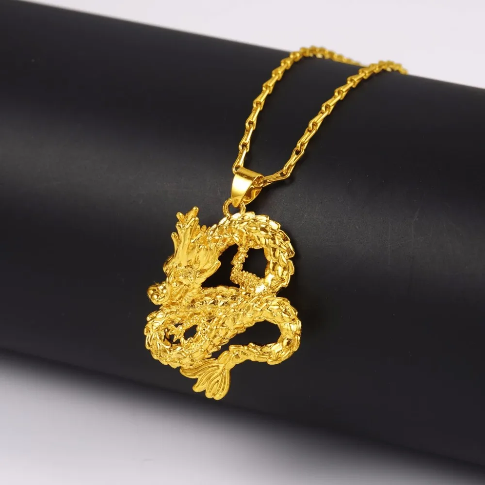Dragon Patterned women men Pendant Chain Yellow Gold Filled Classic ...