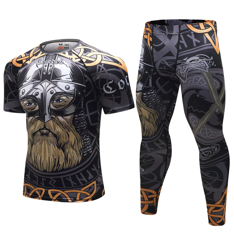 Men's Viking Print Training Set Men Running Sets Compression Quick Dry ...