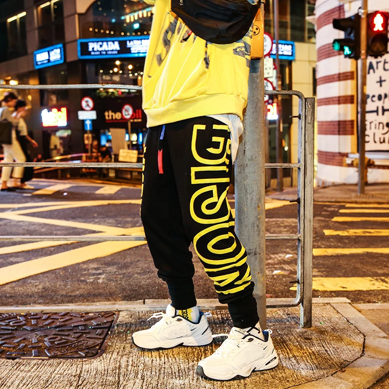 Autumn Side Printing Cotton Pants Splice Pants Men Draw String Elastic ...