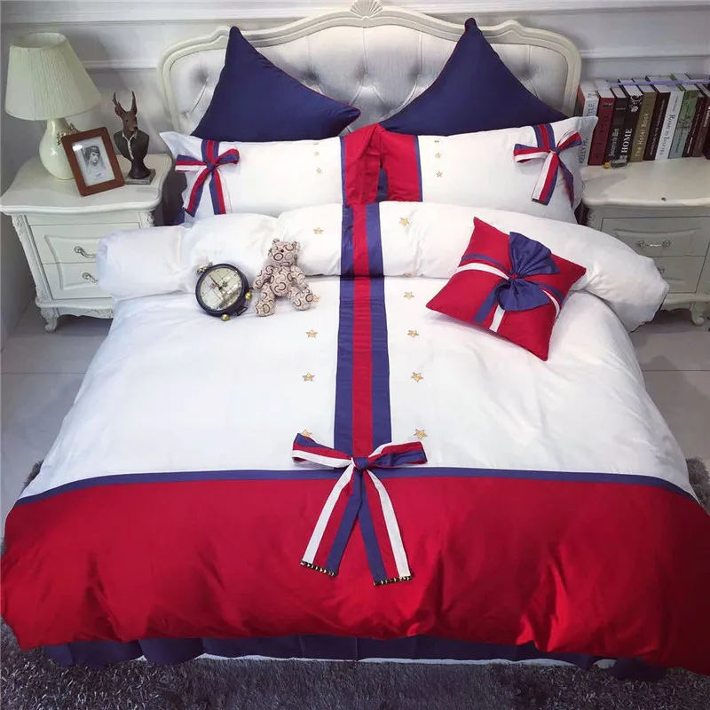 Fashion Modern White Red Blue Bow Embroidery 60S Egyptian Cotton 4/7pcs ...