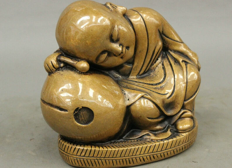 6" Chinese Pure Bronze Buddhism Lovely Kid Young Monk Buddha Wooden ...