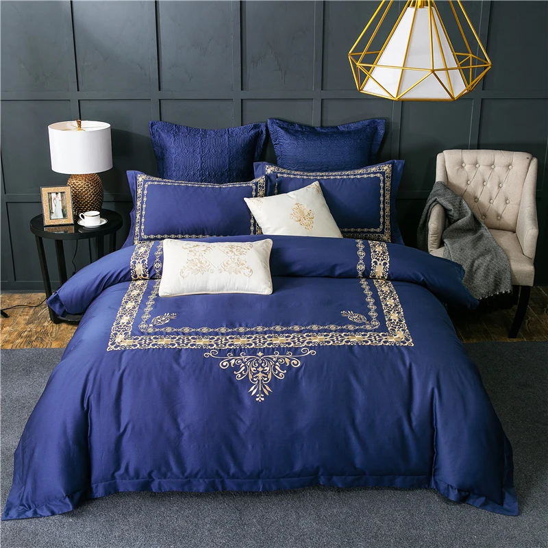 4 6 8pcs Luxury Egypt Cotton Satin Blue Classics Bedding Set Embroidery
