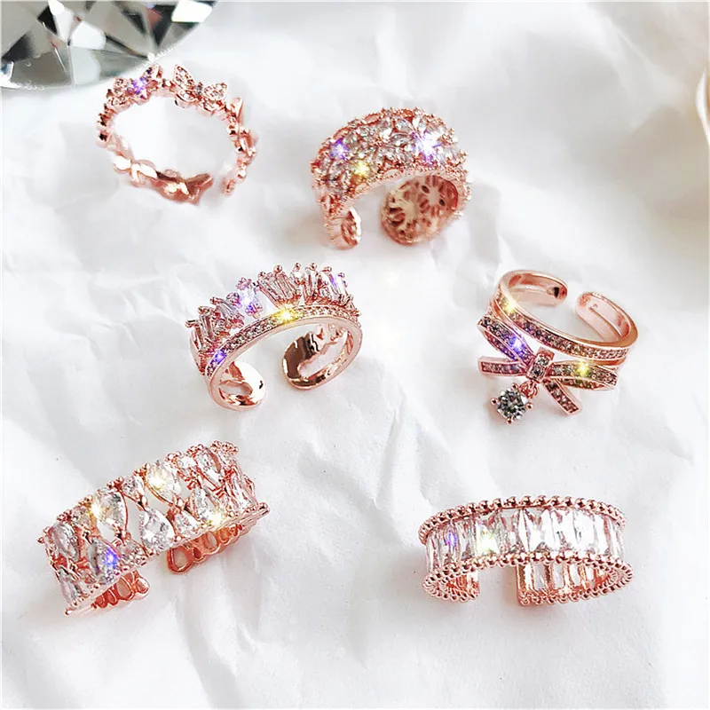 FYUAN Geometric Zircon Crystal Rings for Women Djustable Rose Gold ...
