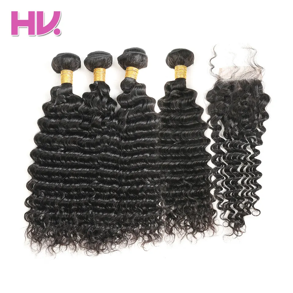 Hair Villa Remy Brazilian Deep Wave With Closure 4 Bundles 4*4 Human ...