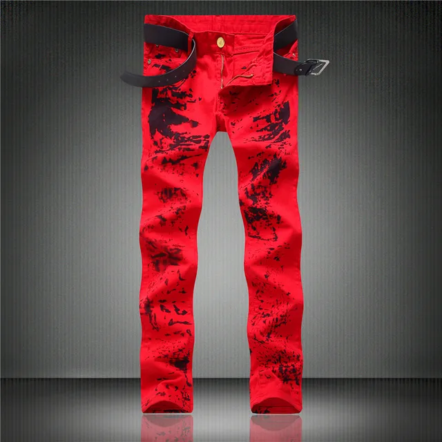 Jeans Men Stretch Mens Foot Slim Long Pants Red Print Jean Ripped Jeans For Men Jeans Homme