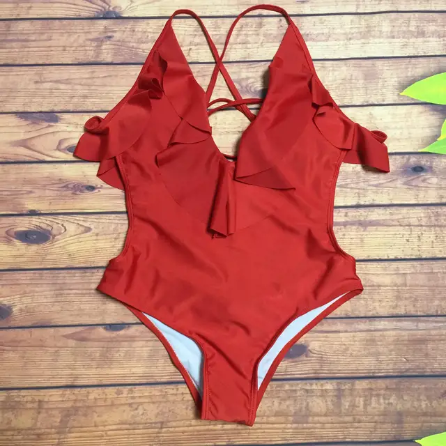 Ruffled Red One Piece Swimwear 2018 Ruffles Trikini Woman Swimwear Maio ...