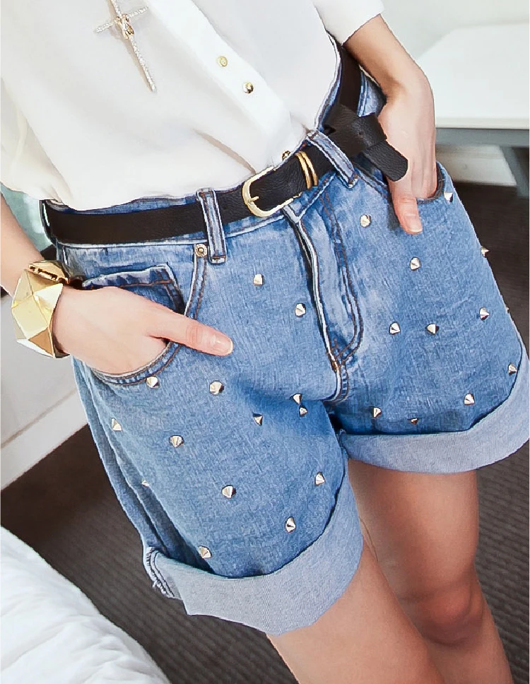 2015 Women Brand Designer High waisted Rivet Stud Jean Denim Shorts ...