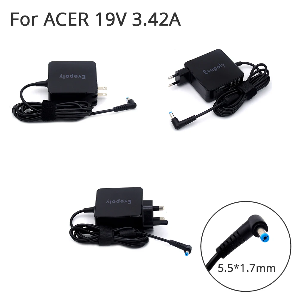 2017 Black Square 19V 3.42A 5.5*1.7mm AC Laptop Charger For Acer Aspire ...