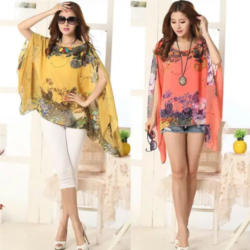Boho Women Ladies Batwing Sleeve Chiffon Printing Blouse Top Shirt Plus ...